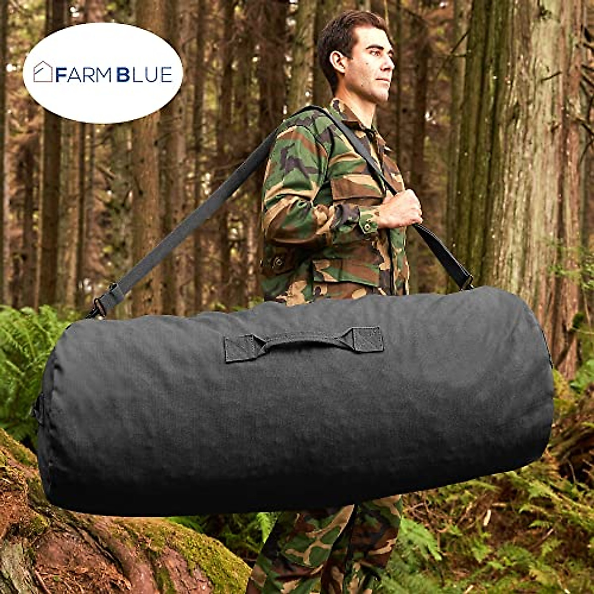 Farm Blue GI Style BLK Zipper Duffel Bag - 30"x 50" XX Large Heavy Duty Army Duffel Bags - Military Grade 18 OZ Canvas- Reinforced Camping Gear-Army Strong Zippers & 3 Grab Handles (Black, XX-Large)