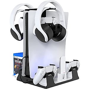 JDDWIN PS5 Vertical Charging Stand with Cooling Fan & Controller Hanger for PS5 Console,PS5 Stand Accessories with Dual Controller Charger and Game Rack Storage Organizer with 3 USB Ports