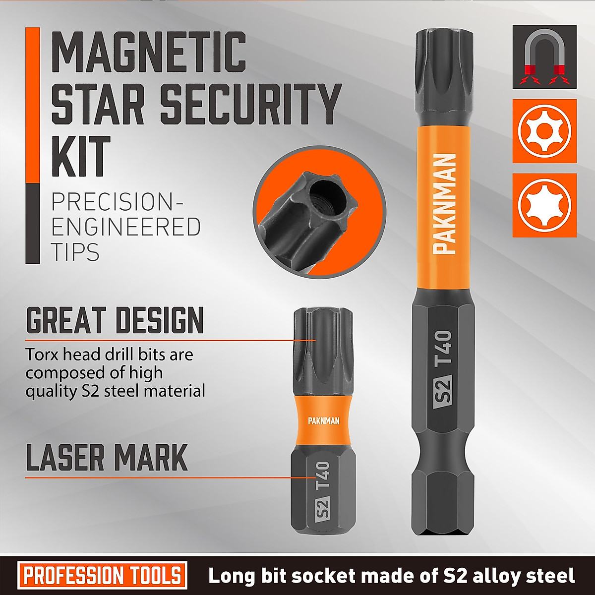 PAKNMAN 27-Piece Torx Bit Set, 1/4”Magnetic Extension, T4 - T40, S2 Steel, 1/4 Hex-Shank Security Torx Bit Set, 1” & 2” Long with Magnetic Impact Bit Holder and Storage Box