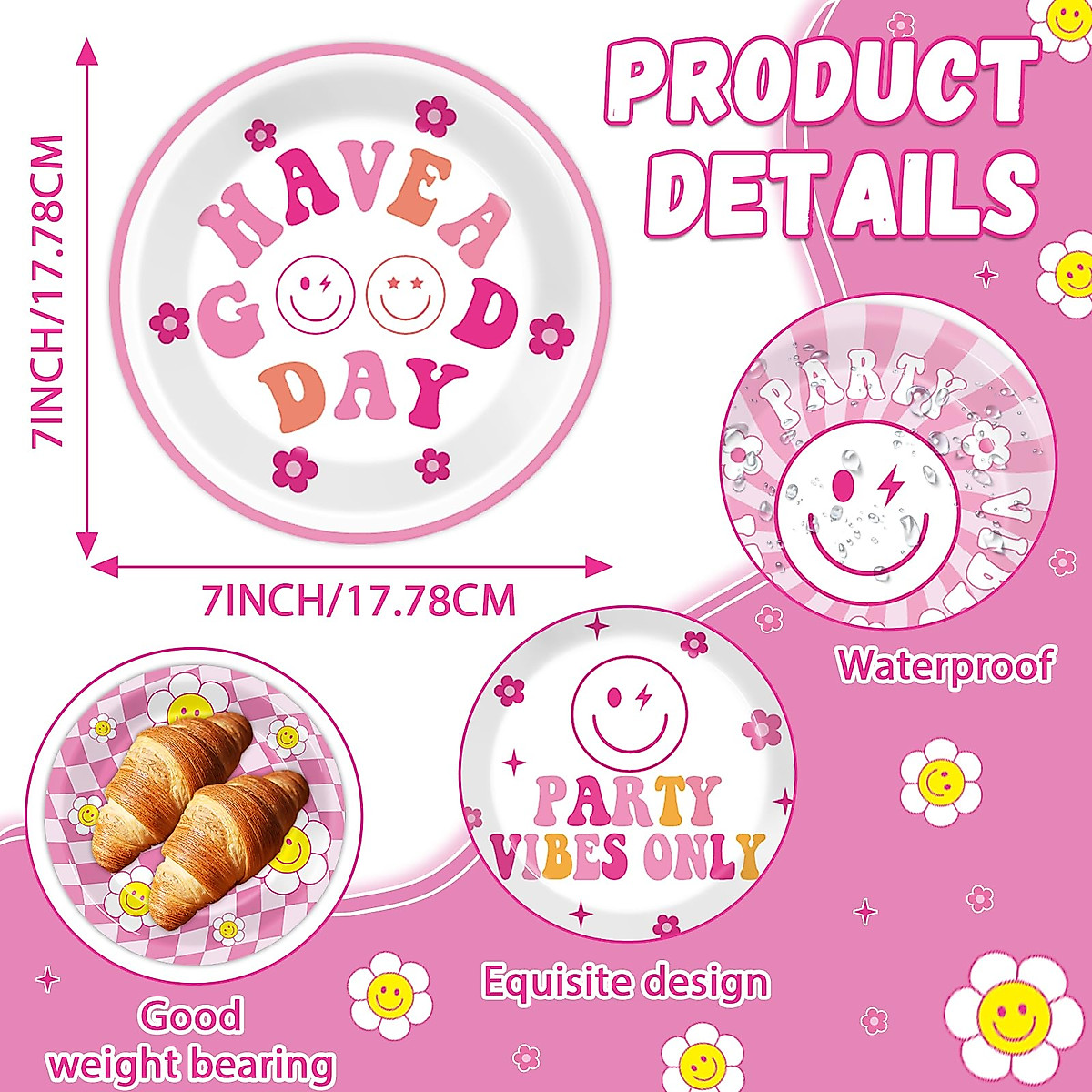 48PCS Preppy Party Supplies 7inch Pink Smile Face Paper Plates Preppy Smile Face Party Tableware Set Pink Preppy Plates for Baby Shower Birthday Y2k Party Decorations