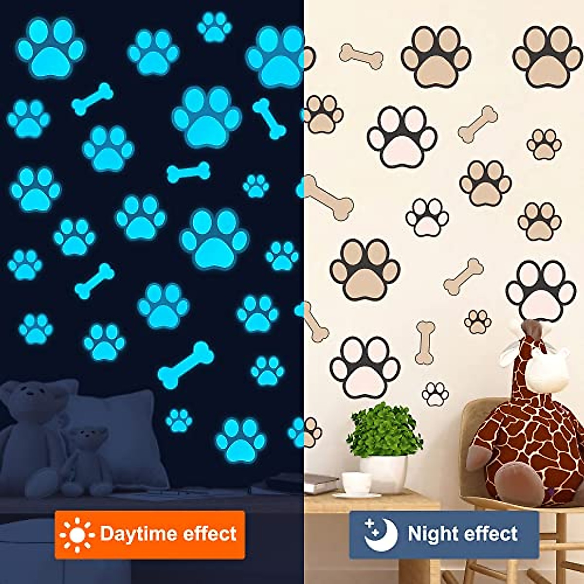 Dog Paw Print Stickers Glow in The Dark Wall Decals Pup Dog Room Decor Stickers Vinyl Dog Paw Bone Wall Decals Removable Animal Footprint Decal for Kids Boys Girls Bedroom Nursery Floor Ceiling Decor (Sky blue)