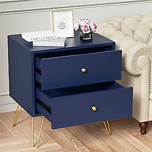 Scurrty 20'' End Table Nightstands Set of 1 Bedside Table Large Sofa End Tables with Wide Top 2 Storage Drawers Metal Legs Bedside Night Table Storage in Bedroom Stable Metal Frame