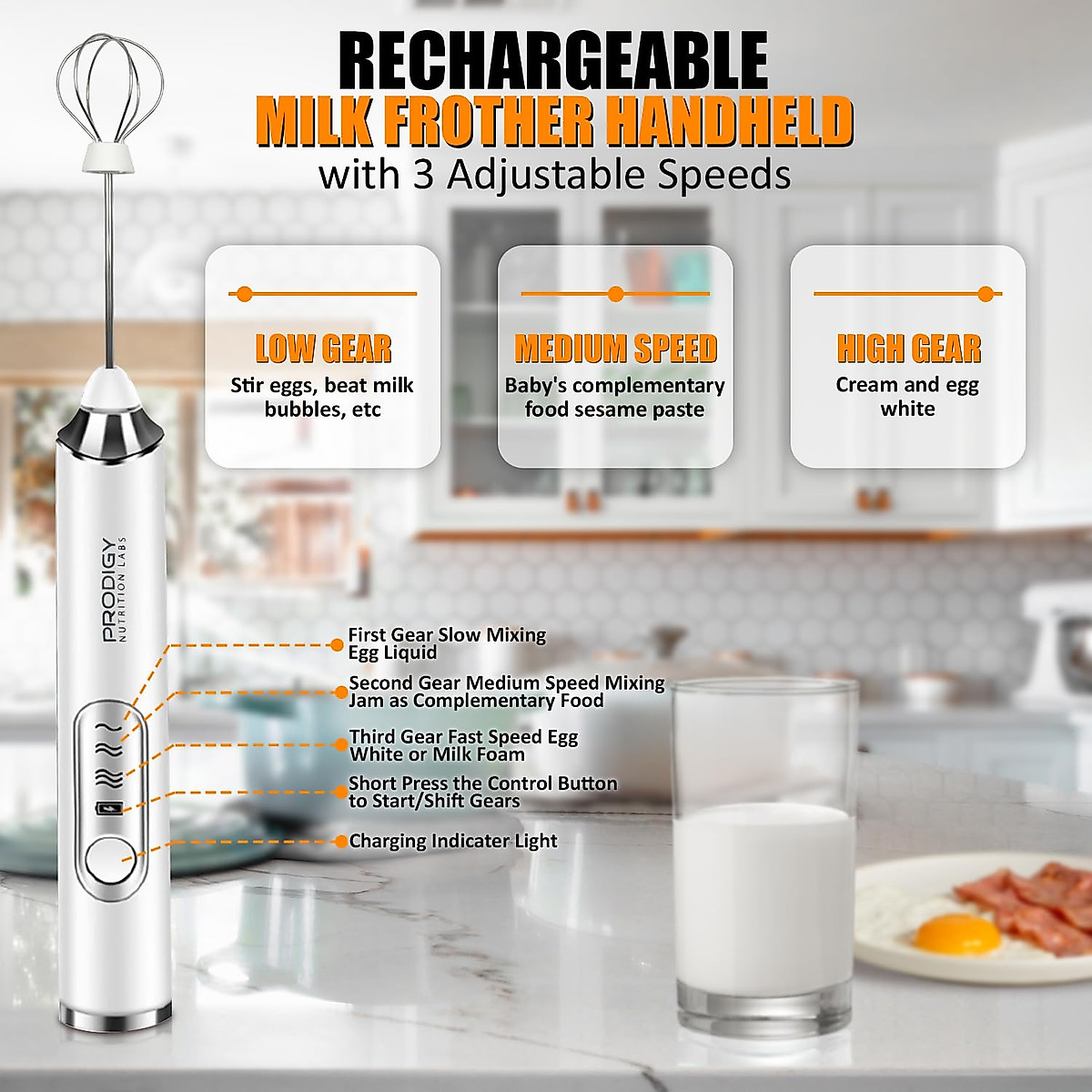Rechargeable Milk Frother Handheld with 2 Attachments - Handheld Silver Electric Whisk Drink Foam Mixer, Mini Stirrer with 3 Adjustable Speeds for Coffee, Lattes, Shakes, and Eggs