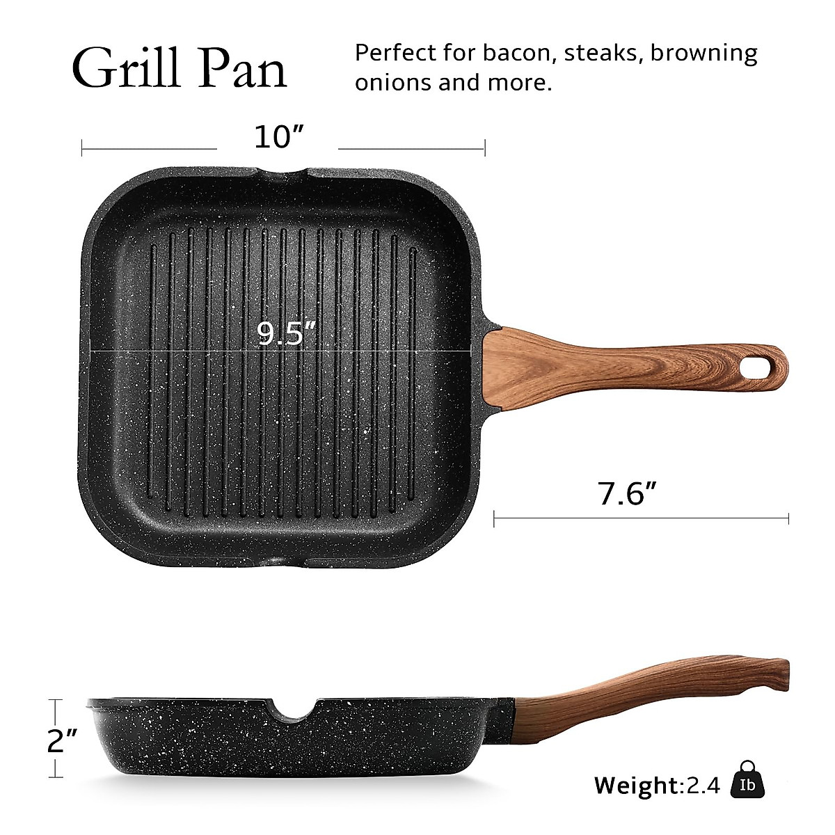 ESLITE LIFE 9.5 Inch Nonstick Grill Pan for Indoor Cooking, Versatile Induction Square Large Grilling Skillet Steak Pan for Stove Tops, PTFE & PFOA Free, Black