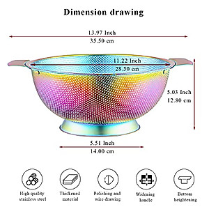 Kyraton Rainbow Colander 5 Quart, Professional Titanium Colorful Plating Stainless Steel Strainer with Heavy Duty Handles and Self Draining Solid Ring Base, Easy Clean and Dishwasher Safe