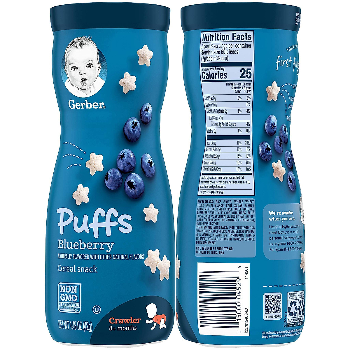 Gerber Graduates Puffs Cereal Snack Variety Pack - Blueberry, Strawberry-Apple, Sweet Potato 1.48 Ounce (Variety Pack of 3)