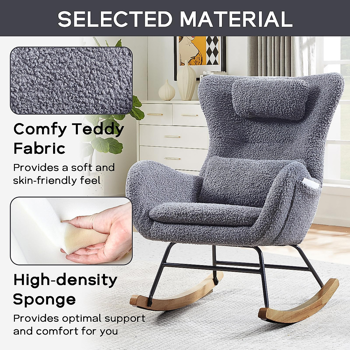 NIOIIKIT Nursery Rocking Chair, Teddy Upholstered Glider Rocker with Headrest and Lumbar Pillow, High Backrest Rocking Accent Chair with Side Pocket, Comfy Armchair for Living Room (Grey)