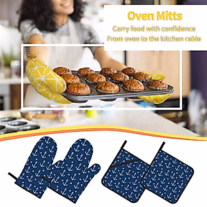 Nautical Anchors Oven Mitts and 2 Pot Holders Set, Soft Cotton Lining with Non-Slip Surface, Kitchen Microwave Gloves for Baking Cooking Grilling BBQ