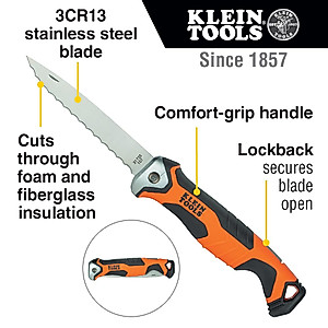 Klein Tools 31733 Insulation Knife, Cuts Foam and Fiberglass with Serrated Stainless Steel Folding Blade and Lockback Mechanism