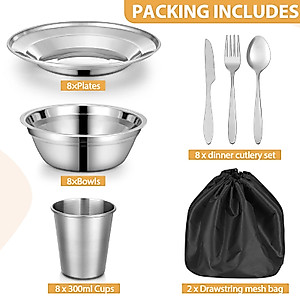 50 Pcs Camping Mess Kit, Polished Stainless Steel Dishes Set, Portable Dinnerware Utensils Tableware with Cups, Plates, Bowls, Mesh Bag for Backpacking Hiking Camping Travel Picnic, 8 Person Set