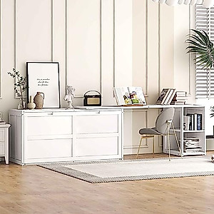 ATY Queen Size Murphy Bed with Rotable Desk, Solid Wood Bedframe w/Shelves, Can Converted into Cabinet, Save Space Design, for Kids, Students, Adults, Box Spring Not Required, White