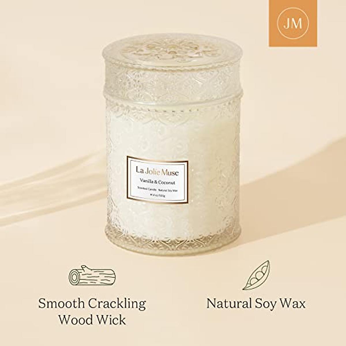 LA JOLIE MUSE Vanilla Coconut Candle, Tropical Candle Scented, Candle for Home Scented, Wood Wicked Soy Candles, 19.4oz 90 Hours