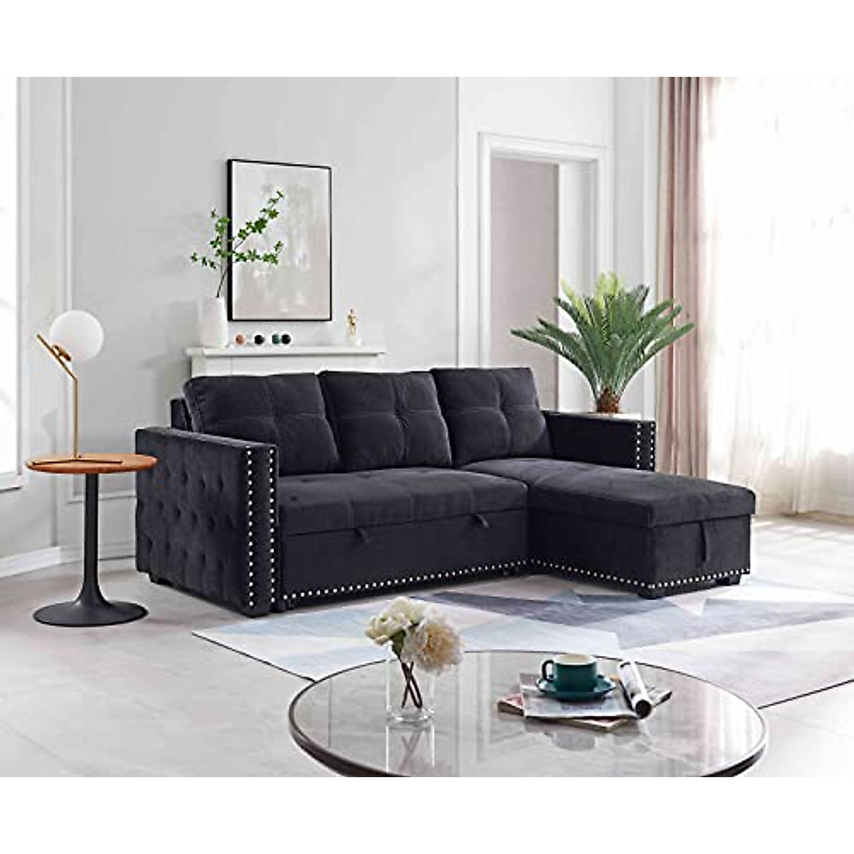 Tulib Reversible Sectional Sofa with Chaise, Sleeper Couch Storage and Pull Out Bed, Button Tufted Nail Head Trim Seating Furniture for Living Room, 91 Black