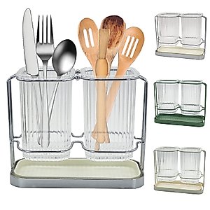fapugh Kitchen Utensil Holder, Wall Silverware Organizer with Drain Tray, Utensil Holder Flatware Cutlery Storage Organizer for Kitchen Decor and Countertop, with 2 Draining Chopstick Cage (Silver)