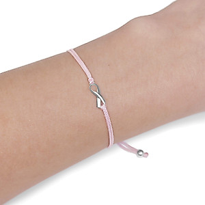 Claudia Lira Joyas Pink Breast Cancer Awareness Thread Friendship Support Bracelet, Small Handmade Sterling Silver Ribbon Shaped Charm, Adjustable Cord