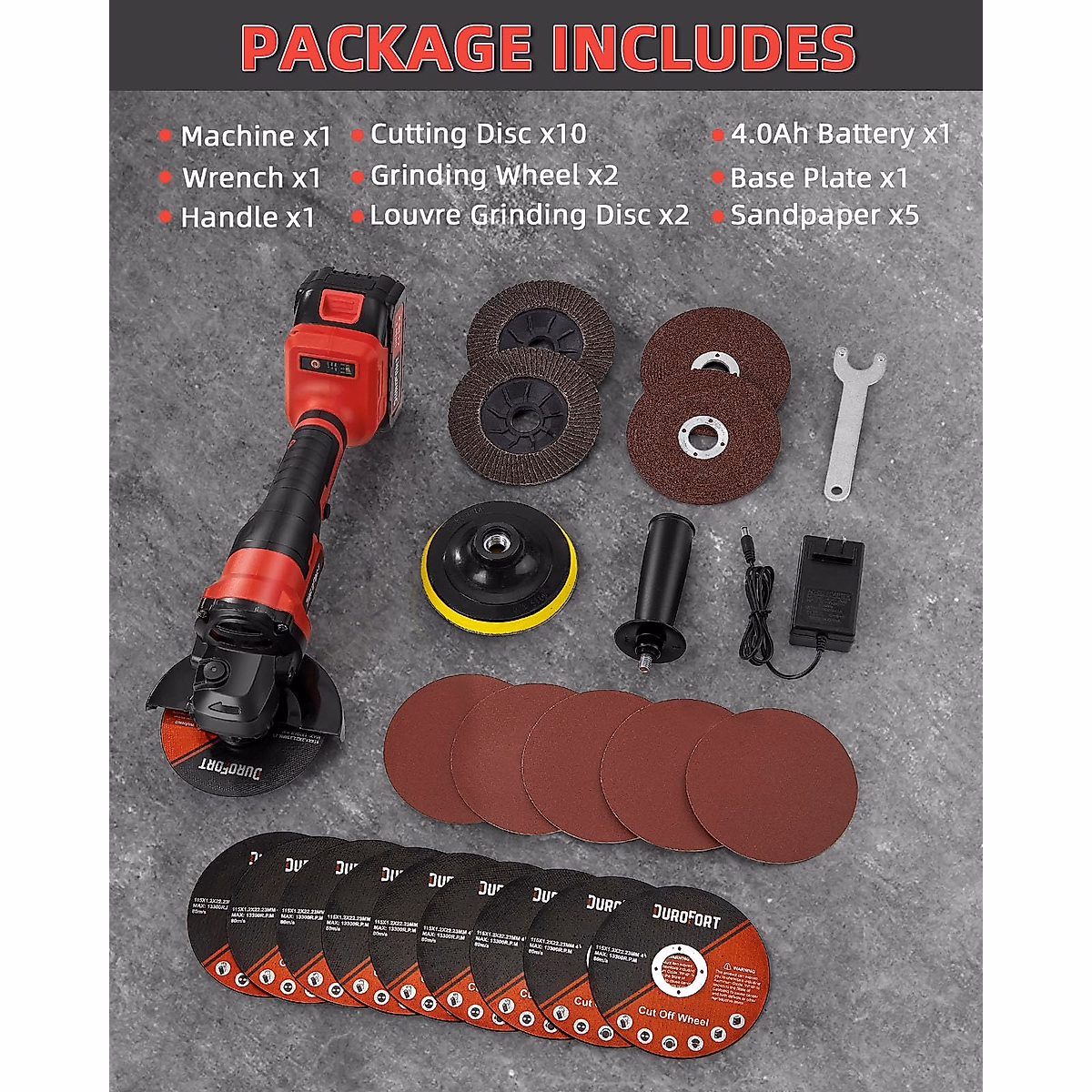 21v Cordless Power Angle Grinder Tool, 9500RPM Brushless 3-Variable-Speed Electric Metal Grinder with 1x4000mAH Battery&Battery Indicator, Cutting Wheels, Flap Disc and Auxiliary Handle for Metal/Wood