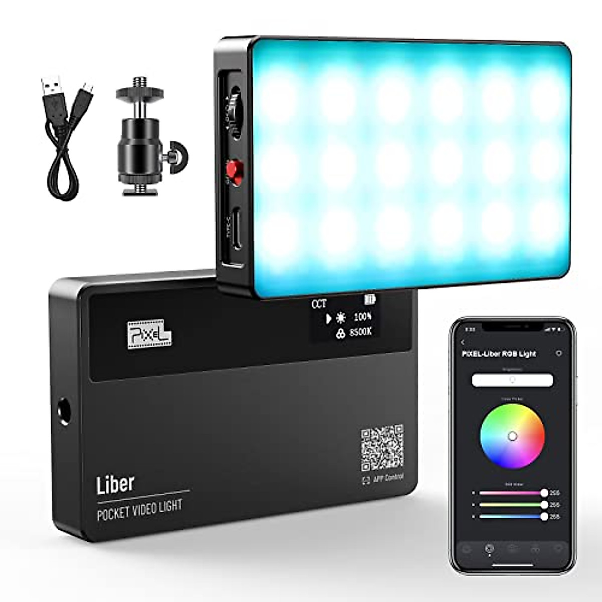 Pixel Liber RGB Video Light,Support Magnetic Attraction and App,Full Color,2500K-8500K, Mini LED Aluminum Alloy Body Portable Pocket Video Light for Tiktok, Video Conference, Photography，YouTube.