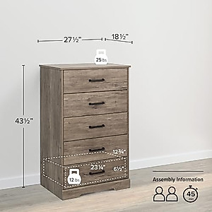 Prepac Rustic Ridge Farmhouse Dresser, Brown Dresser for Bedroom, Chest of Drawers with 5 Drawers 18.5" D x 27.5" W x 43.5" H, DBDR-1605-1
