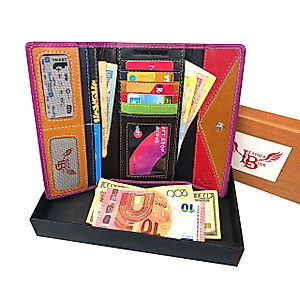 Leather Book® RFID LW-1807 Love Angles Ladies Clutch | 7” wide and Slim Ladies Wallet | 6 Card Slots | 3 card window | Three slides pockets | Malty Color Real Leather