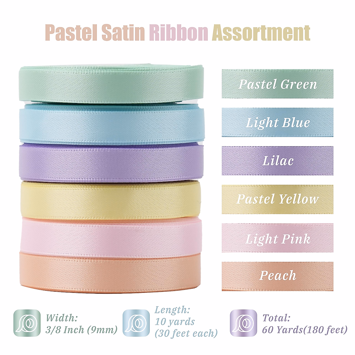 DINDOSAL Pastel Ribbon Assortment - 3/8" Double Face Satin Ribbon, 6 Rolls, 60 Yards for Gift Wrapping, Wedding Party Decorations