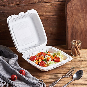 8X8" 1-Compartment 50Pack Plastic Clamshell Take Out Food Containers Heavy-Duty Togo Disposable Lunch Box With Secure Snap Hinged Lid Meal Prep for Parties Restaurants and Food Trucks Microwave Safe