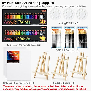 Shuttle Art 69 Pack Acrylic Paint Set, Acrylic Painting Set with 2 Pack of 15 Colors Acrylic Paint, 3 Sets of Wooden Easels, Canvas, Brushes & Palettes, Art Painting Supplies for Kids Adults Beginner
