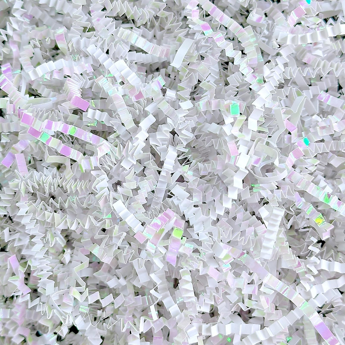 Corlcol 1LB Diamond White Sparkly Iridescent Crinkle Cut Paper Shred Filler For Gifts On Holiday Valentines Day Birthdays Weddings Party（3MM）