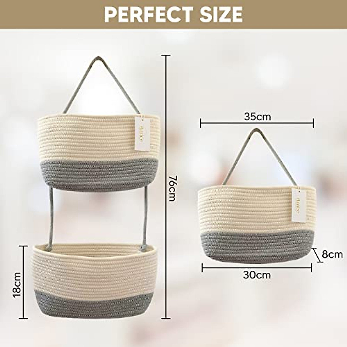 ATTICE Over the Door Organizer, 2-Tier Cotton Woven Hanging Baskets, Wall Mount Storage Bags