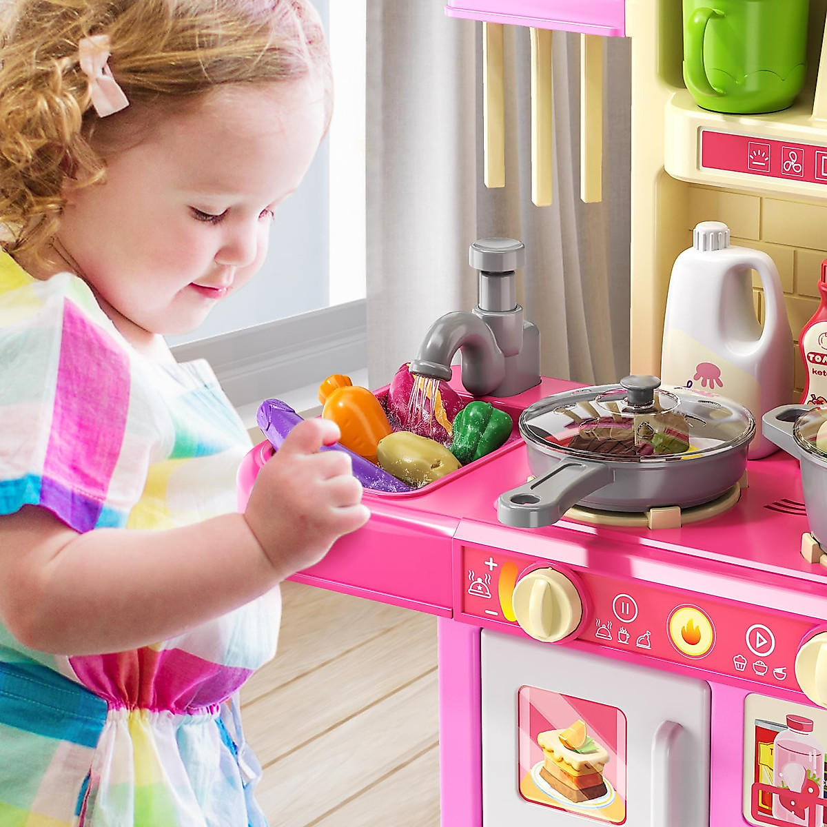 TEMI Kids Play Kitchen Playset - Pretend Play Kitchen Accessories for Toddlers 2-5 Years Old, Interactive Girls Toys Play with Lights and Sounds, Toddler Outdoor Playset Gifts for Boys