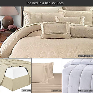 13-PC California King Size, SARA Bed in a Bag Including: Beige Duvet Cover Set+ 100% Cotton Sheet Set+ Bed Skirt+ Down Alternative Comforter