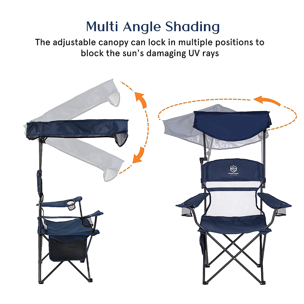 Coastrail Outdoor Canopy Camping Chair Multi-Position Adjustable Folding Shade Chair SPF 50+ Sun Protection with Cup Holder & Storage Pockets, Patio, Blue,Extra Large