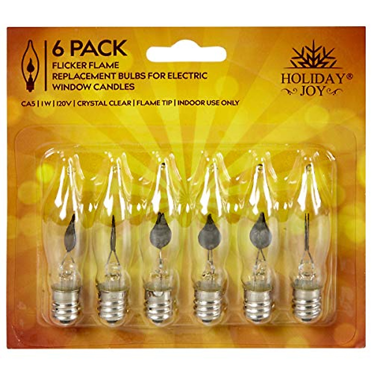 Holiday Joy - Flicker Flame Crystal Clear Flame Tip Candelabra Replacement Bulbs - Great for Electric Window Candle Lamps - CA5 - E12-1 Watt - 120 Volts (6 Pack)