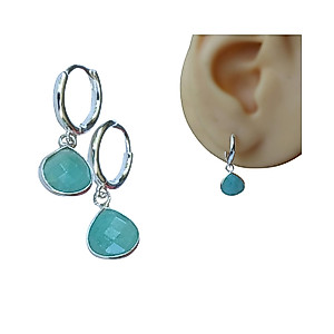 Handmade Silver Small 12MM Hoop Earrings & Pear Shape 9x9mm Amazonite Gemstone Charm, 925 Sterling Silver, Pair of Small Elegant Dainty Hoops for Women, By Miya Jewelry Creations