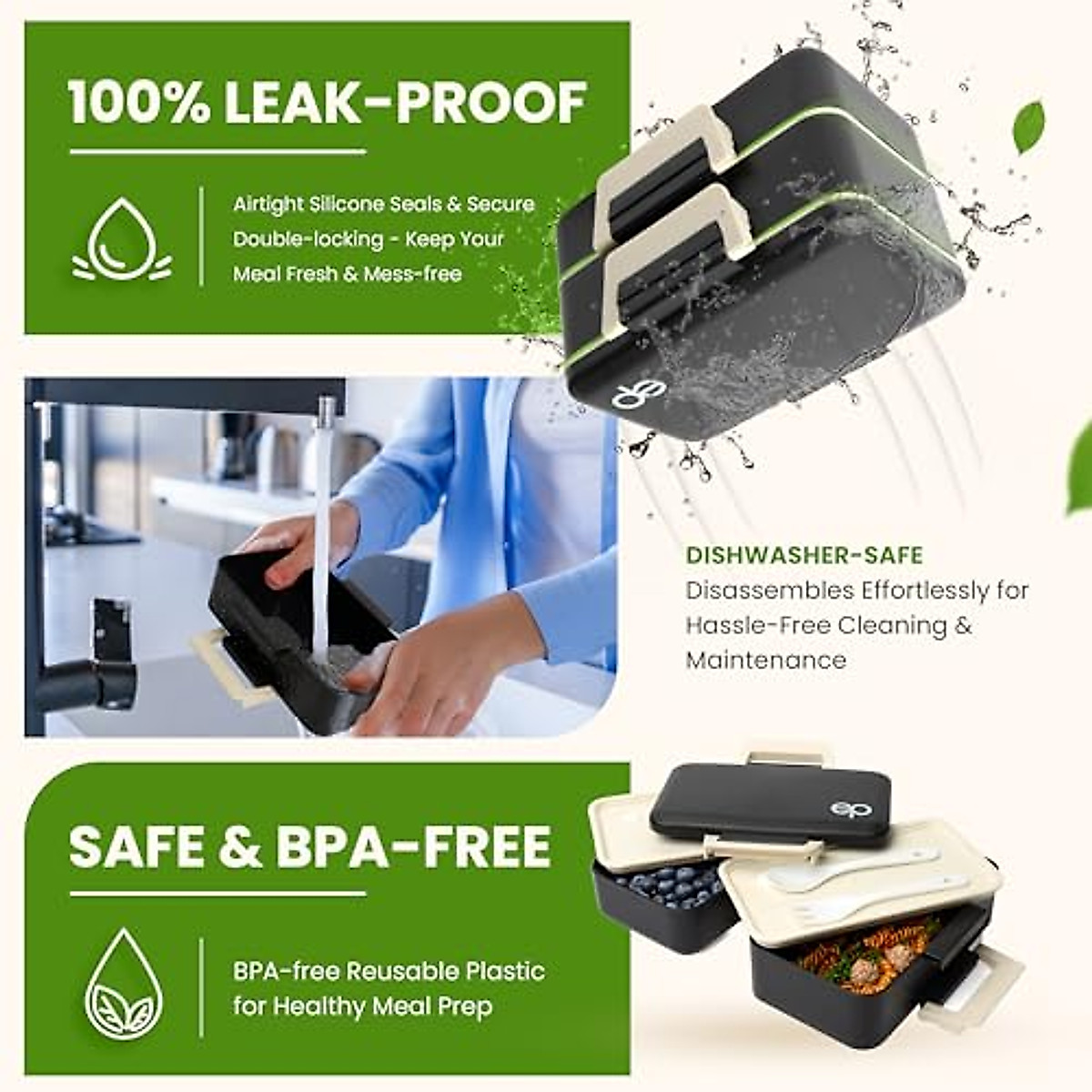 Adult Bento Box Lunch Box with Containers & Utensils - Leak Proof Bento Lunch Box for Adults - 2-Compartments w/ Handles, Sturdy, BPA-Free, Indoor, Outdoor, Gym, 5" x 7" x 4.5", Black Food Container