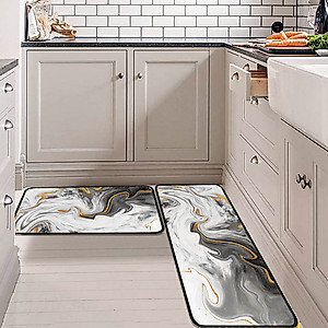 White Marble Kitchen Rugs and Mats Non Skid Washable Absorbent Stain Resistant,Durable and Easy to Clean,Kitchen Rug Set of 2 Marble Kitchen Deco 17"x47"+17"x30"