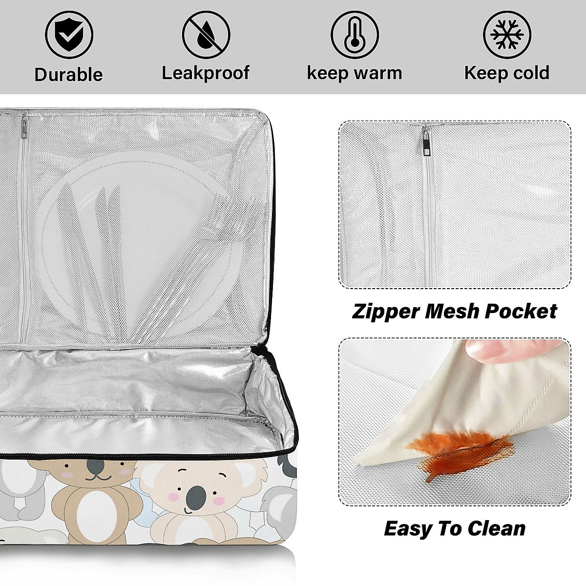 Seamless Koala Bear Hand Draw Doodle Cartoon Animals Texture Reusable Insulated Pizza Bag, Waterproof Food Delivery Bag, with Handle Lid Leakproof Pizza Holder Tote for Hot or Cold Food