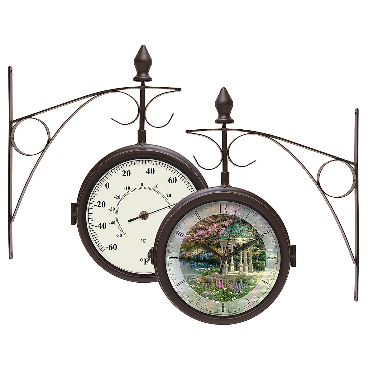 Mark Feldstein & Associates Thomas Kinkade Garden of Prayer Metal Station Clock and Thermometer, 14 Inch