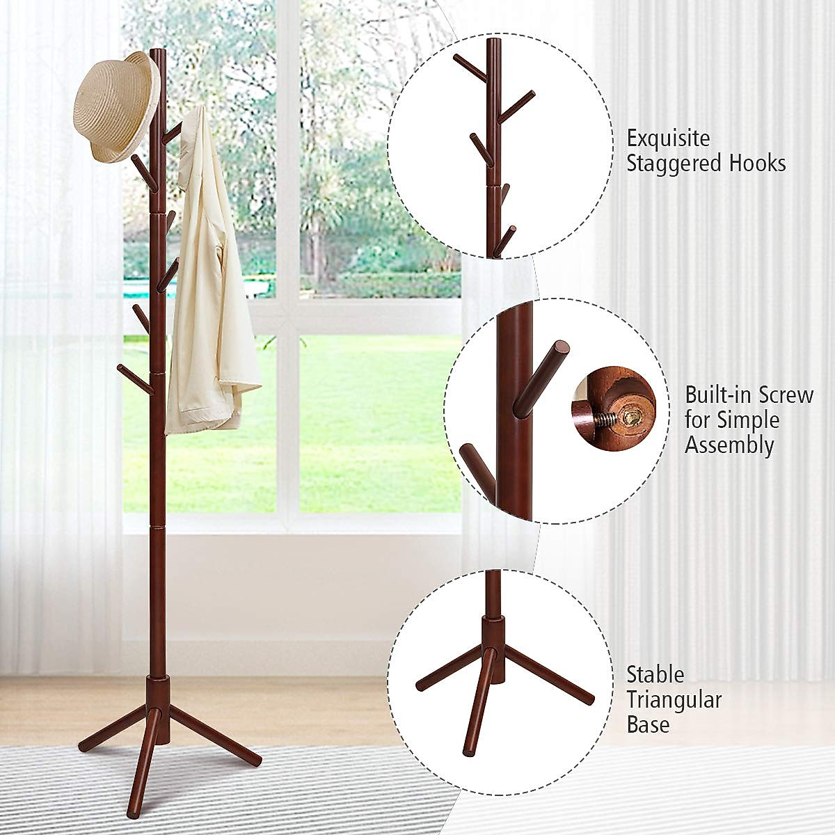 Tangkula Coat Rack Freestanding, Rubber Wood Coat Stand with 8 Hooks, Height Adjustable Entryway Coat Tree Coat Hanger Stand for Home Office Hall Entryway
