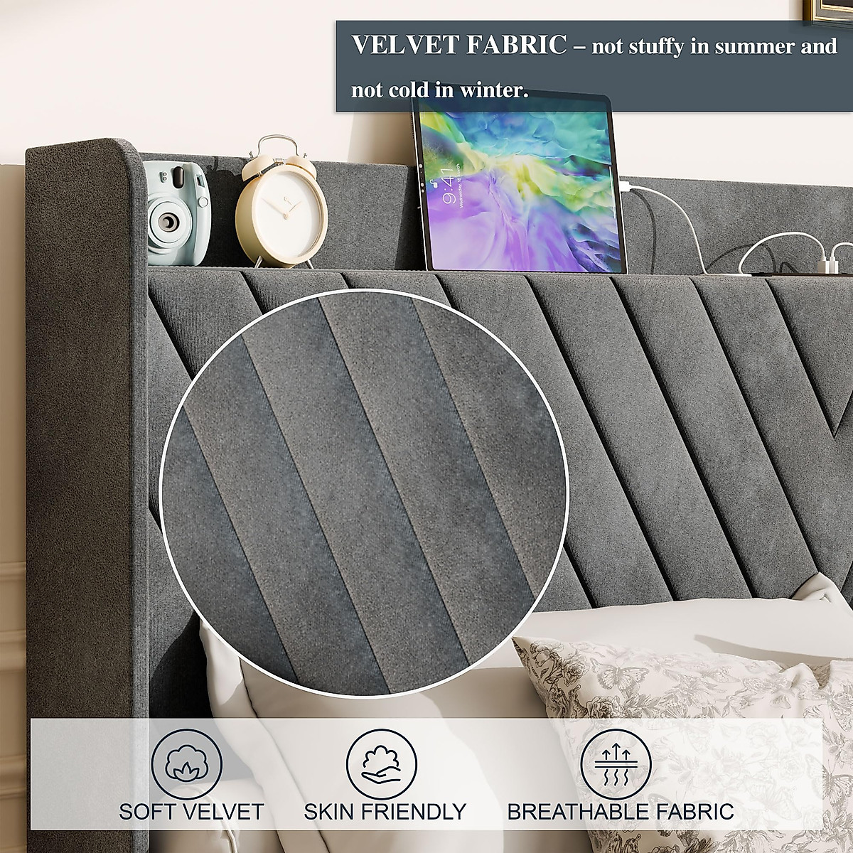 SUNLEI Bed Frame with Wingback Storage Headboard, Queen Size Bed Frame with Charging Station and Velvet Fabric, Strong Wood Slats, Easy Assembly, No Box Spring Needed, Light Grey