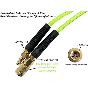 SANFU (PU) Polyurethane Air Hose Reinforced 1/4”ID(6.3 x 9.8mm) x 100ft, Anti-low temperature 300PSI with 1/4-Inch Swivel Solid Brass Quick Coupler and Plug, Emerald Green(100’)