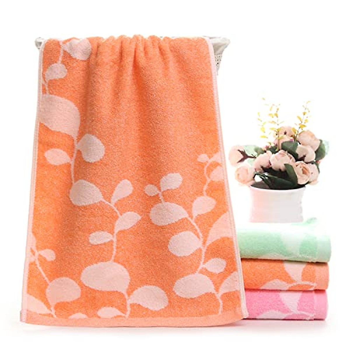 Pidada Hand Towels Set of 2 Leaves Floral Pattern Soft Absorbent Towel for Bathroom 13.4 x 29.1 Inch (Orange)