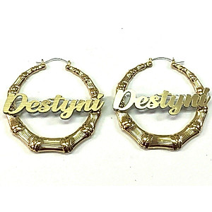 Stylish Bamboo Earrings Personalized Custom Gold 1.5, 2.5, 3.5" Size and Background Color Choice Hoop Name Plate Laser Cut Made To Order - Any Name Script Cursive Letters Stunning, Quality, Attractive (3.5" Bamboo Earrings)