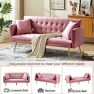 Anwick 72" Modern Velvet Sofa Bed Futon,Convertible Folding Sleeper Bed Couches with 3 Adjustable Backrests,Tufted Recliner Loveseat with Golden Chrome Legs for Small Living Room Office (Pink)
