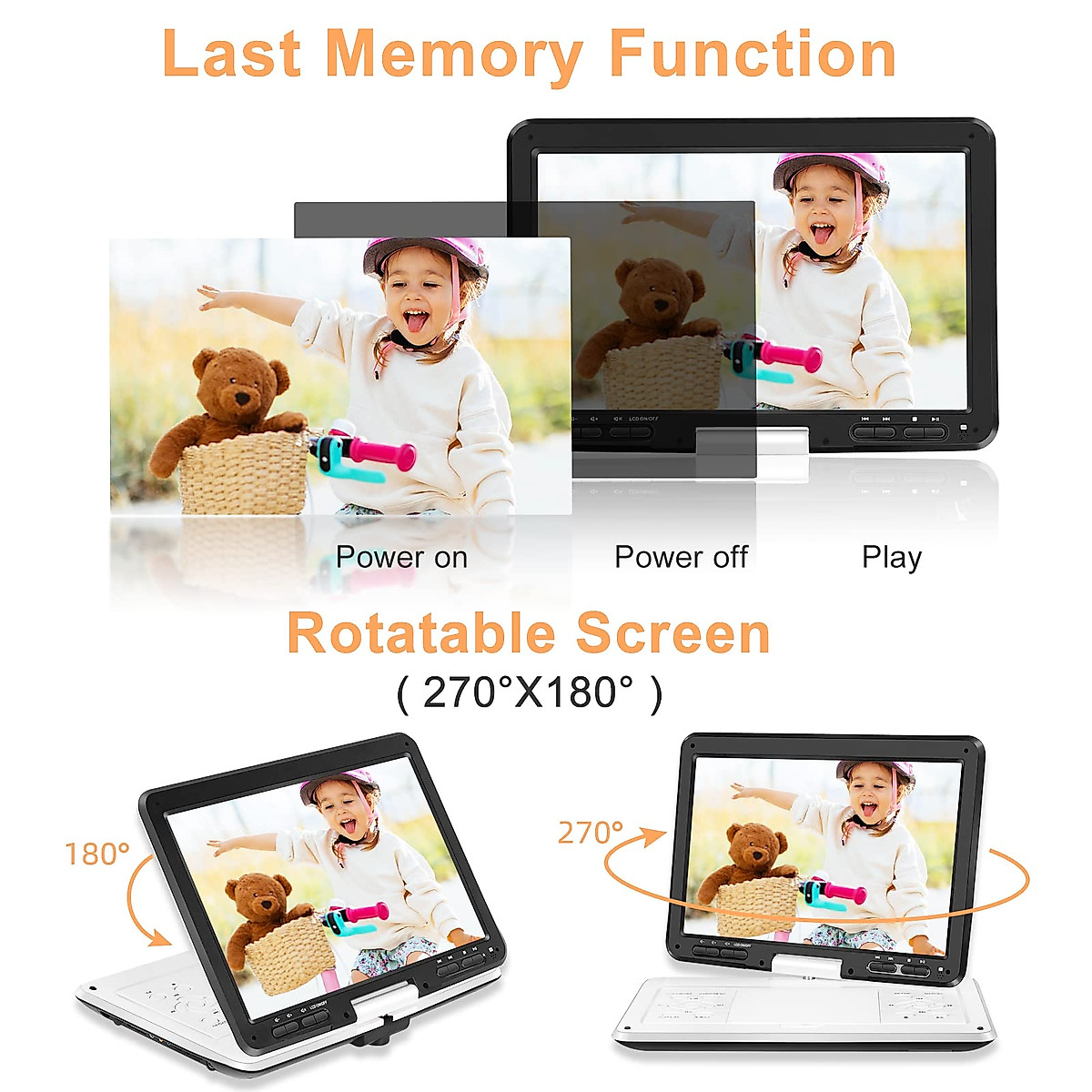 YOOHOO 16.9" Portable DVD Player with 14.1" Large Swivel HD Screen, Designed with Screen Button, Support USB/SD Card/Sync TV/Multi Discs, Region-Free, Power Adapter, Car Charger, Car Headrest Case