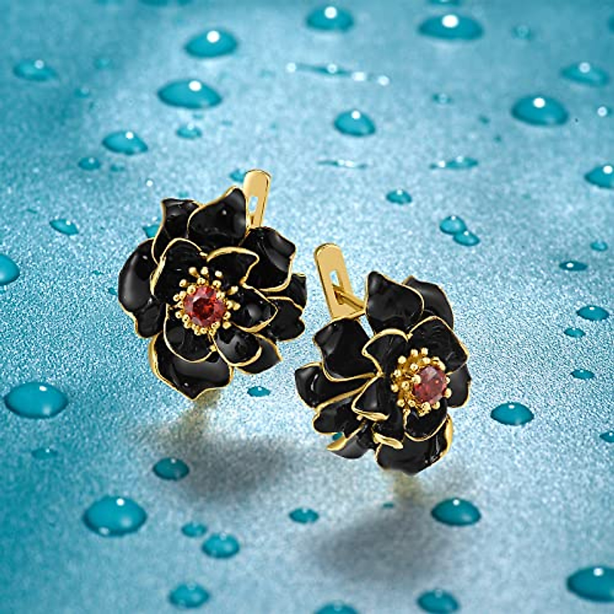 Santuzza Lotus Earrings 925 Sterling Silver Garnet Handmade Enamel Black Flower Dangle Earrings for Women