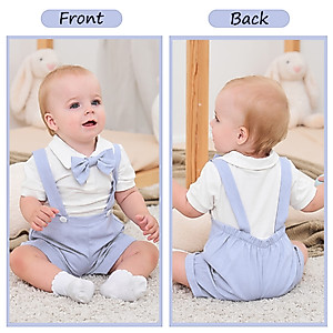 bilison Baby Boy Clothes Gentleman Bowtie Romper and Overalls Suspenders Pants Wedding Tuxedo Outfits(blue,0-6m)
