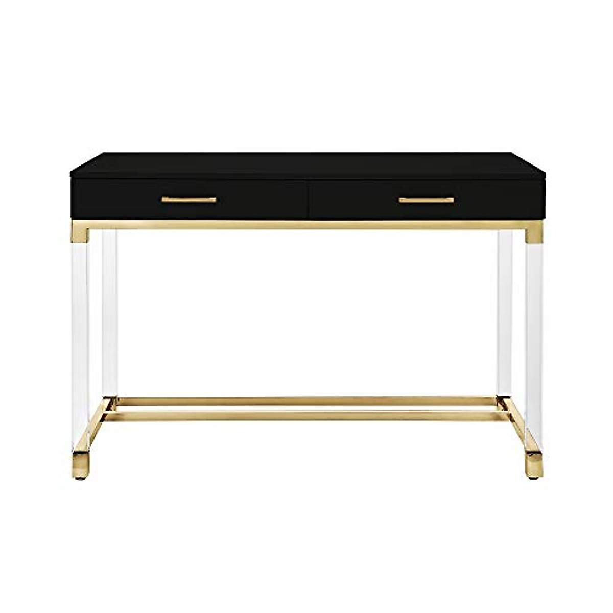 Casandra High Gloss 2 Drawers Writing Desk with Acrylic Legs and Gold Stainless Steel Base, Black/Gold