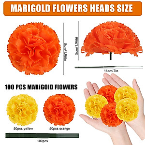 100PCS Artificial Marigold Flowers Heads Silk Orange Yellow Flower for Dia De Los Muertos Day of The Dead Diwali Home Decor Indian Theme Weddings DIY Wreath Garland Decoration