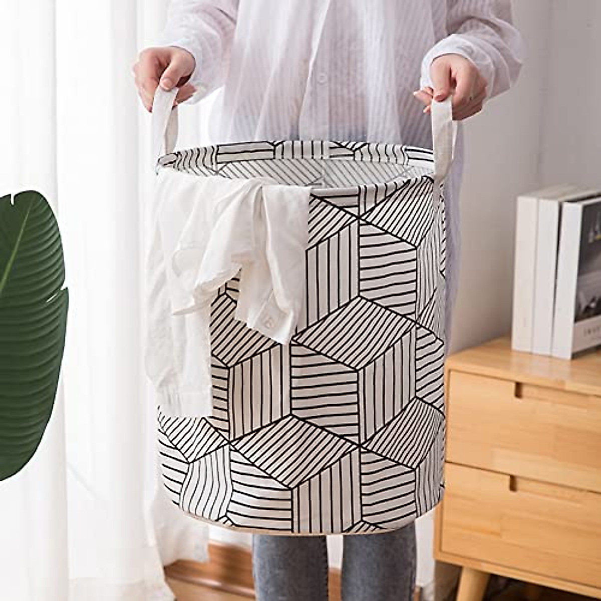 AOKID Round Laundry Hamper with Handles, Collapsible Laundry Basket Saving Space Clothes Storage Basket for Home Office Toy Organizer Grid