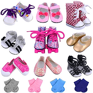 Ecore Fun 18 inch Girl Doll Accessories Includes 9 Pairs of Shoes and 4 Pairs of Socks Fit for 18 Inch Girl Doll - Sandals, Casual Shoes, Canvas Shoes, Roller Skates ect
